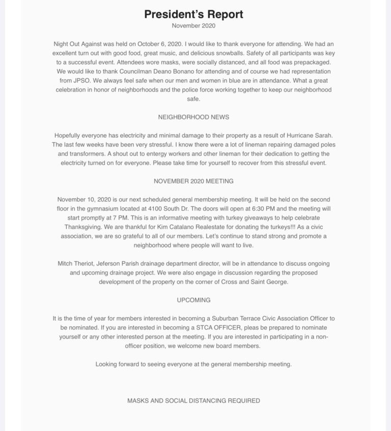 President’s Report – Suburban Terrace